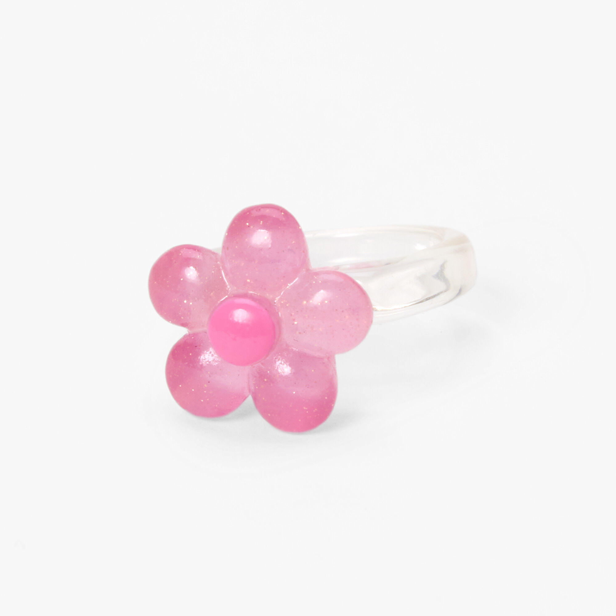 Clear Glitter Flower Resin Ring Pink